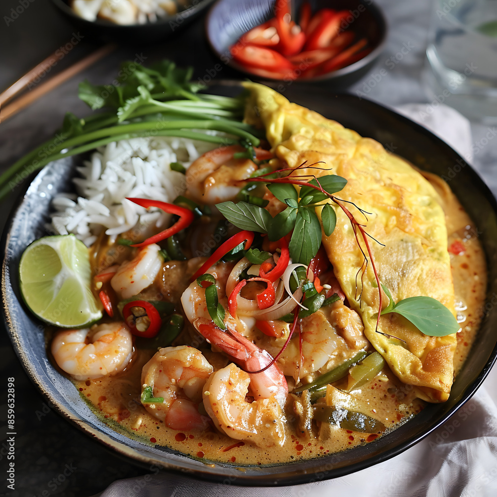Sour Curry with Shrimp and Cha-Om Omelette is a traditional Thai dish ...