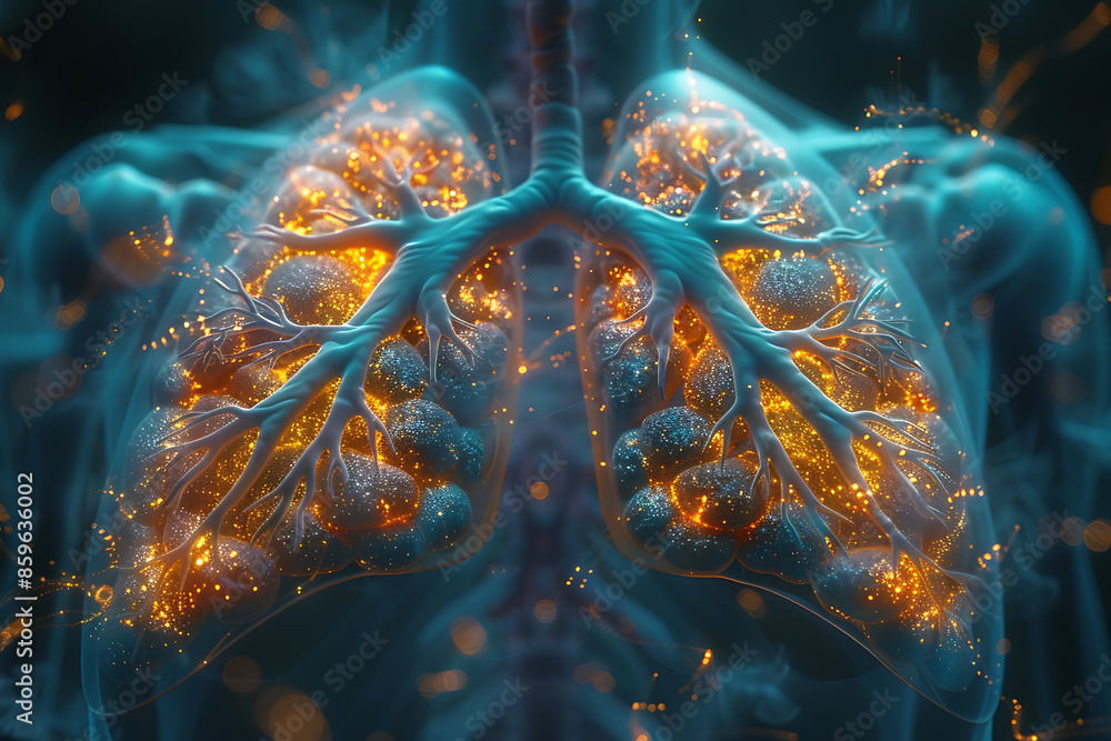 Schematic illustration of human lungs with the different elements on a ...