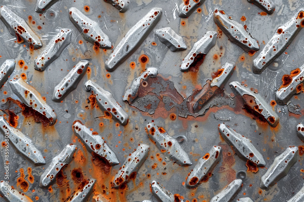 Silver Metal Diamond Plate with Rust. Close-up of a silver metal ...