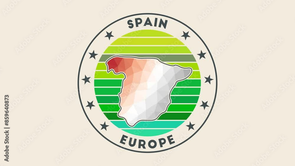 Spain intro video. Badge with the circular name and map of the country ...