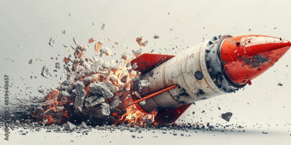 Dynamic image of a rocket crash-landing into the ground with an ...