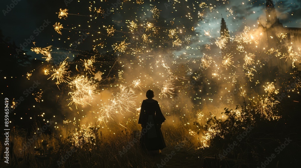 ภาพประกอบสต็อก Mesmerizing double exposure image depicting a medieval ...