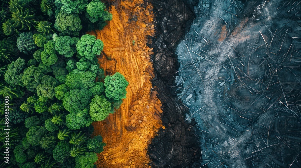 Aerial view of deforestation showing the contrast between lush green ...