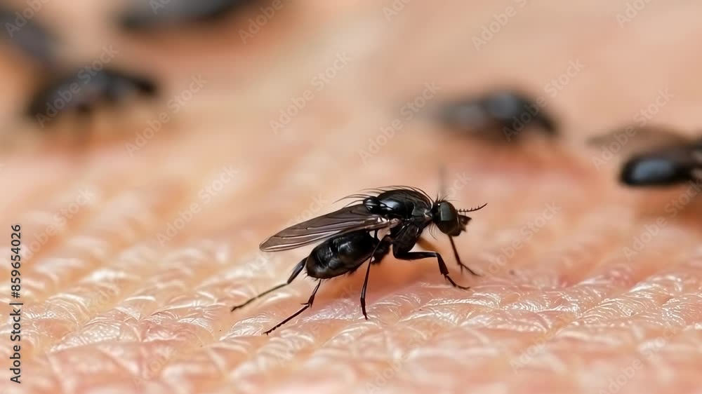 black fly on human skin. Details of the fly's structure and skin ...