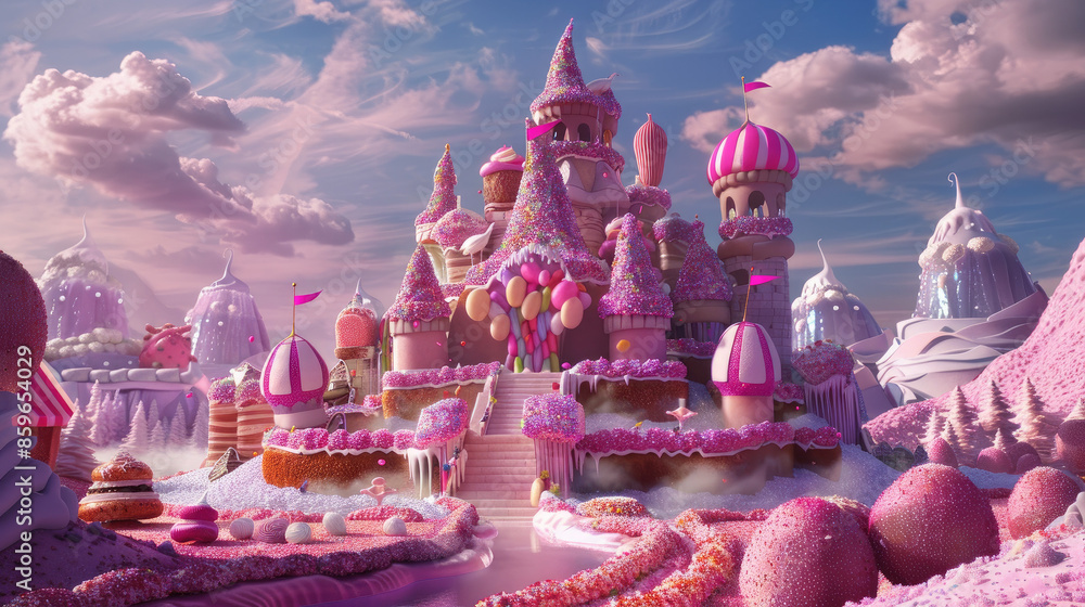 A candy-themed castle with pink towers and stairs decorated with sweets ...