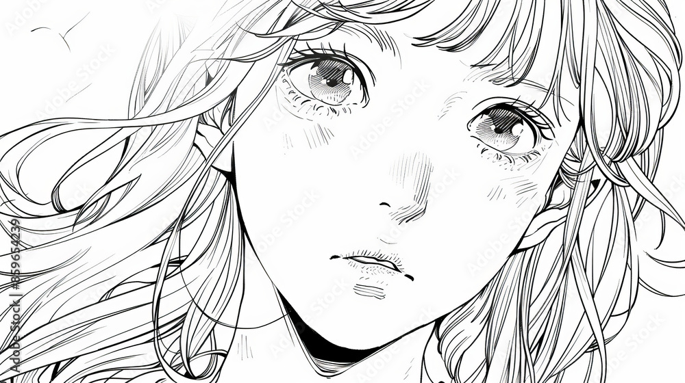 Thin white line drawing in a style commonly found in manga and comics ...