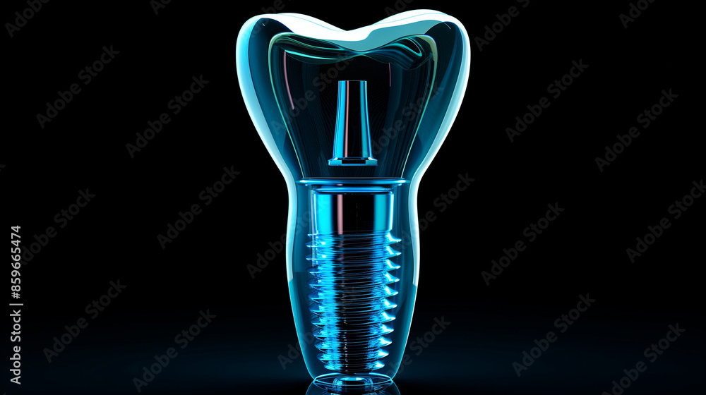 A striking dental implant with abutment and crown, illuminated like a ...