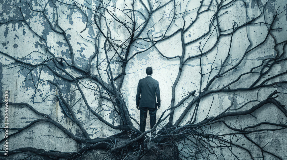 A man in a suit stands with his back facing the viewer, looking at a ...