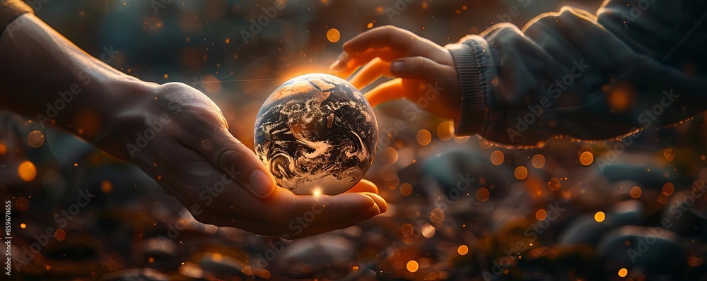 Hands passing a brightly lit circular globe to a child, representing ...