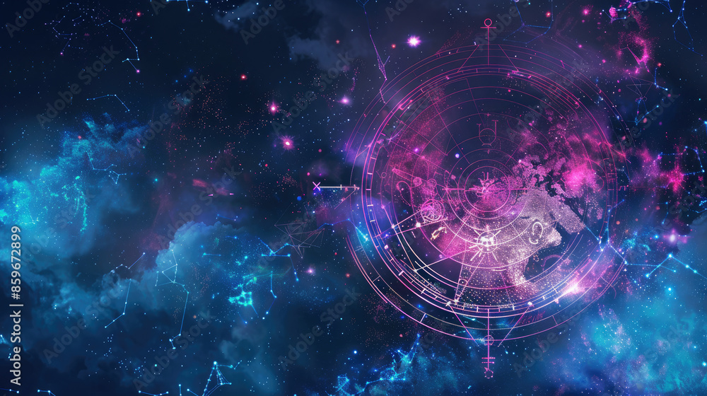 Zodiac signs on astrological wheel in space, abstract background, dark ...