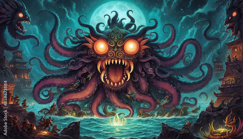 Illustrative depiction of a mythical sea monster that makes the oceans ...