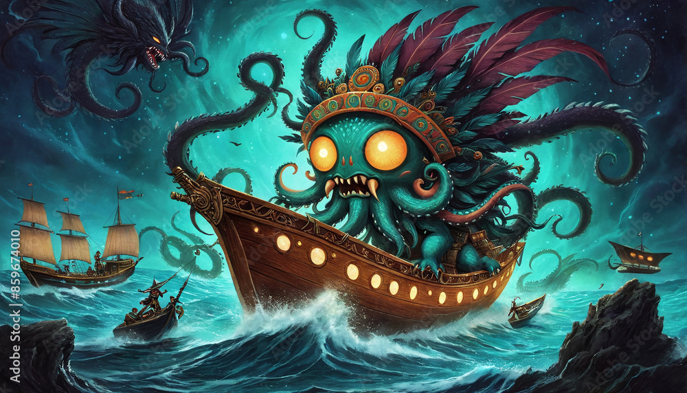 Illustrative depiction of a mythical sea monster that makes the oceans ...