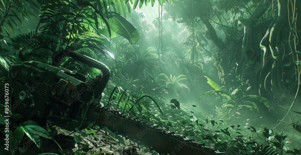 Chainsaw Clearing Path in Dense Green Jungle for Determined Explorers ...