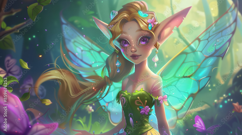 illustration of a charming elf standing in a magical forest. Fairy with ...