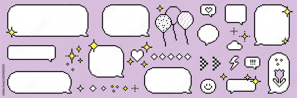 Set of pixel art dialogue box with shining stars emoji, heart and ...