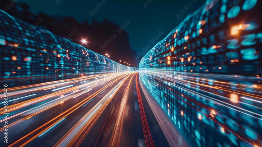 Digital data flow on road with motion blur to create vision of fast ...