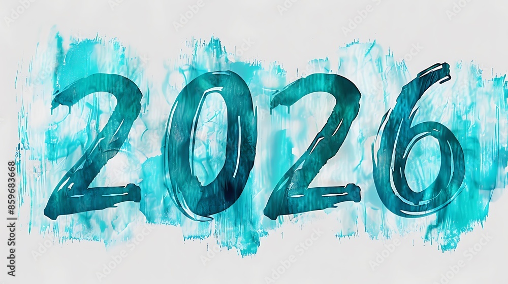 "2026" on an empty solid background with bright teal color, in a watercolor brush style. 32k ...