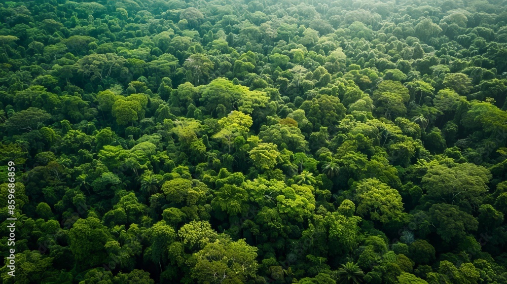From high above, a lush, green forest paints a vibrant tapestry. This ...