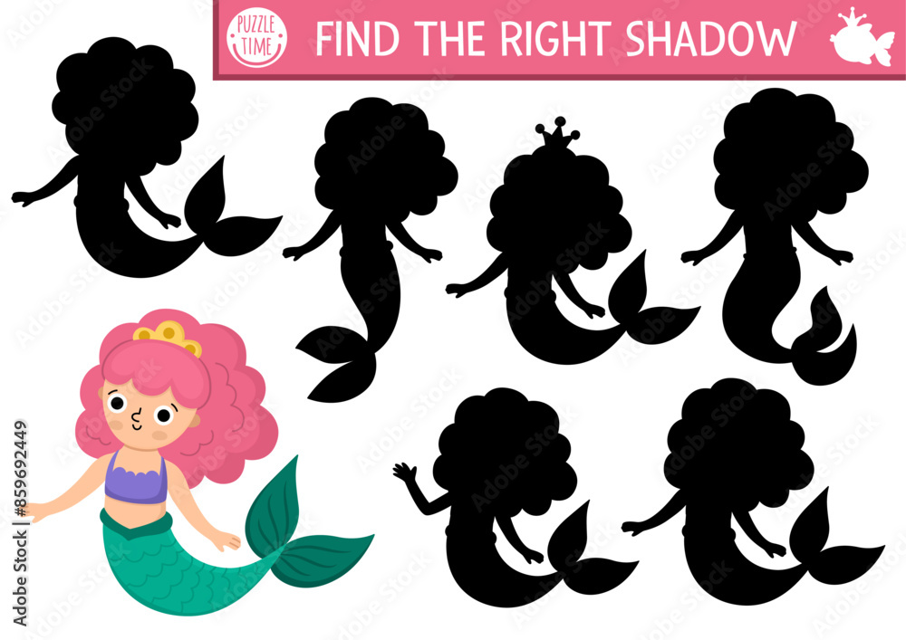 Mermaid shadow matching activity with sea princess. Fairytale ocean ...