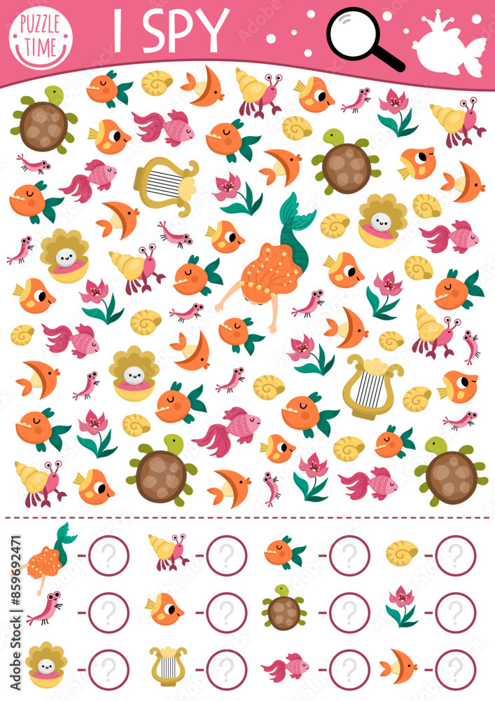 Mermaid I spy game for kids. Searching, counting activity with harp ...