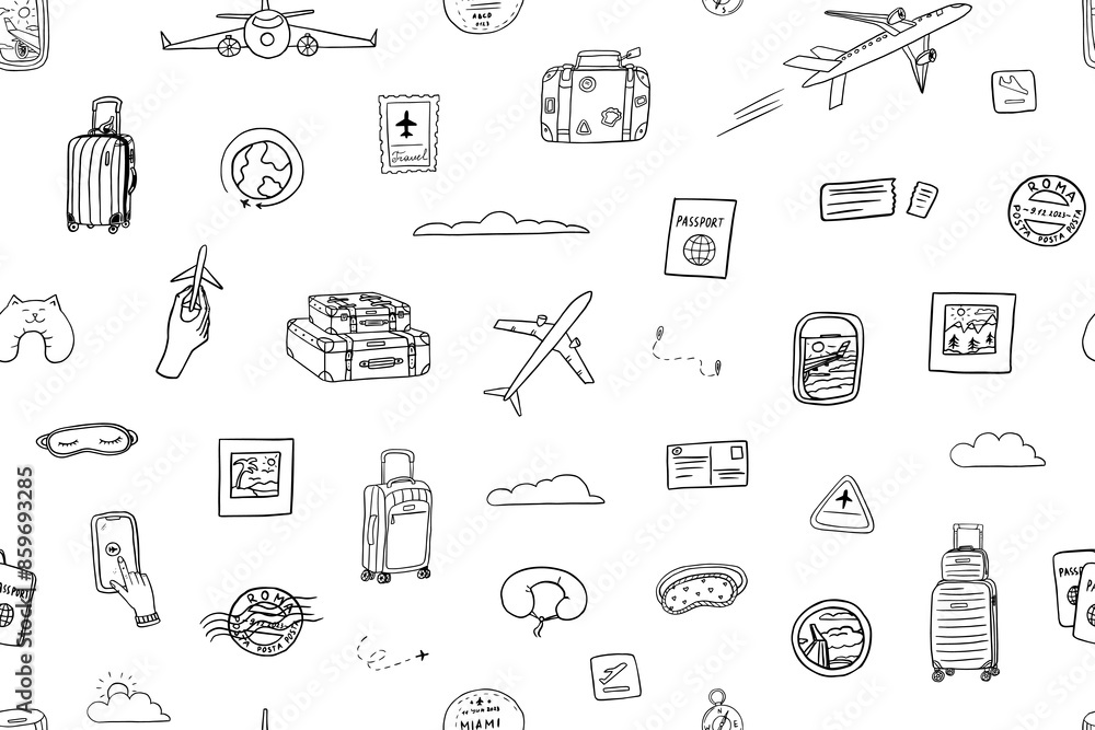 Seamless pattern of travel elements. Hand drawn. Suitcase, baggage ...