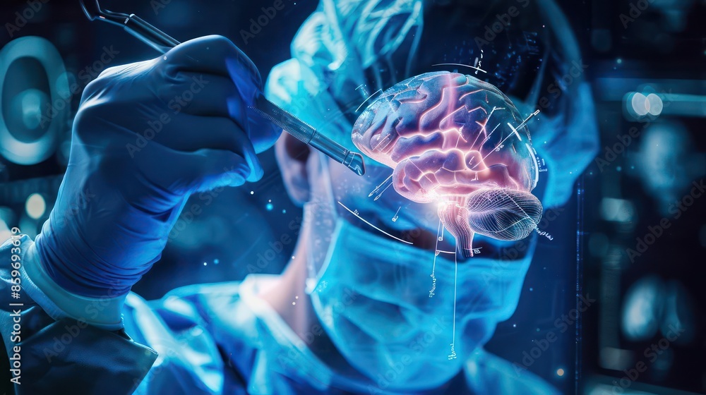 Advanced neurosurgical tools conducting a craniotomy with holographic ...