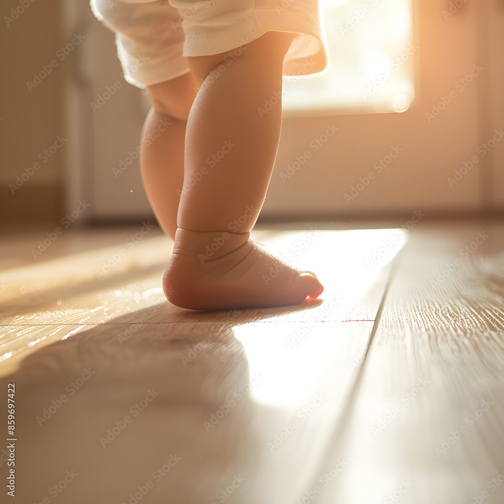 child's tiny feet taking their first steps on a sunlit floor. The soft ...