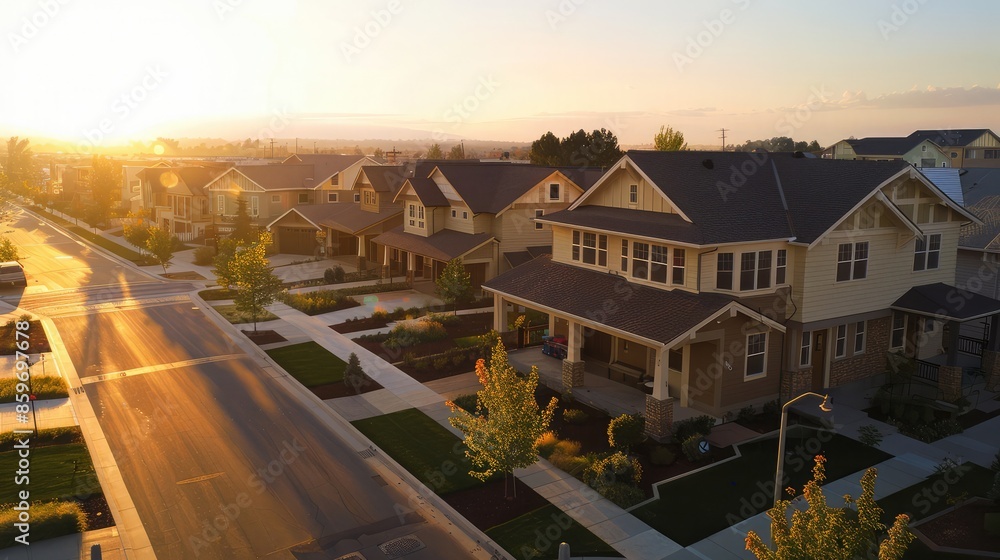 Bird's eye view of a tranquil suburban setting at dawn, a Craftsman ...