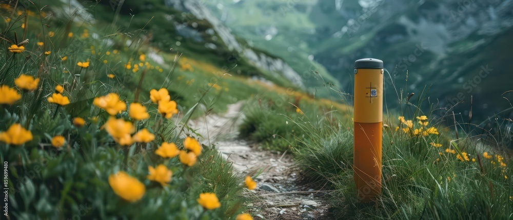 Minimalist hightech hiking trail markers with realtime trail information and GPS guidance Stock ...