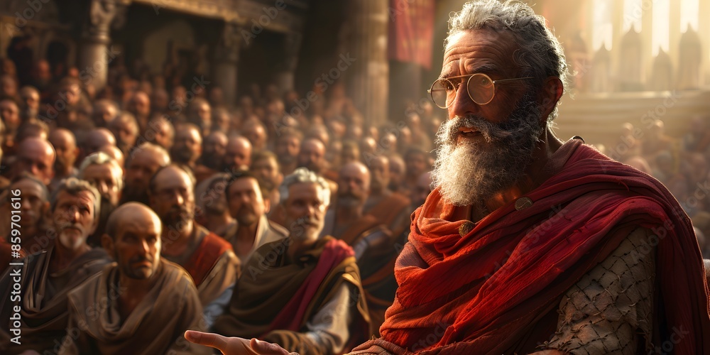 An ancient philosopher delivers a compelling speech to an engaged ...