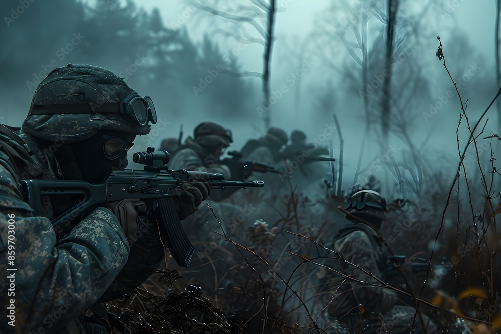 Russian and Ukrainian soldiers in a foggy forest trench warfare in a ...