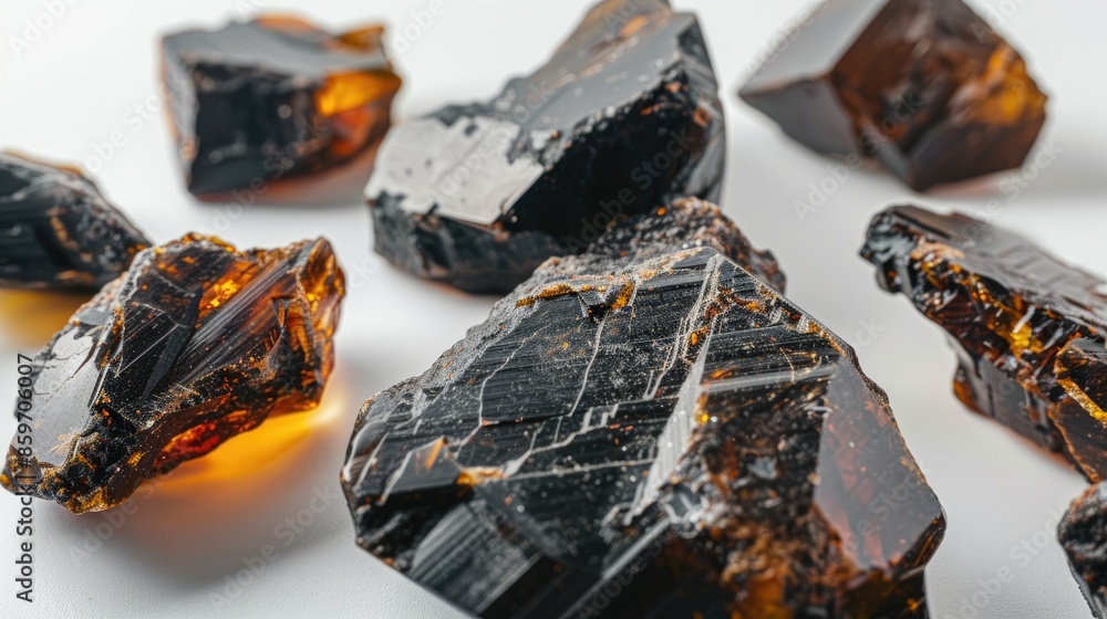 Fossilized wood and amber inclusions on a white background in ...
