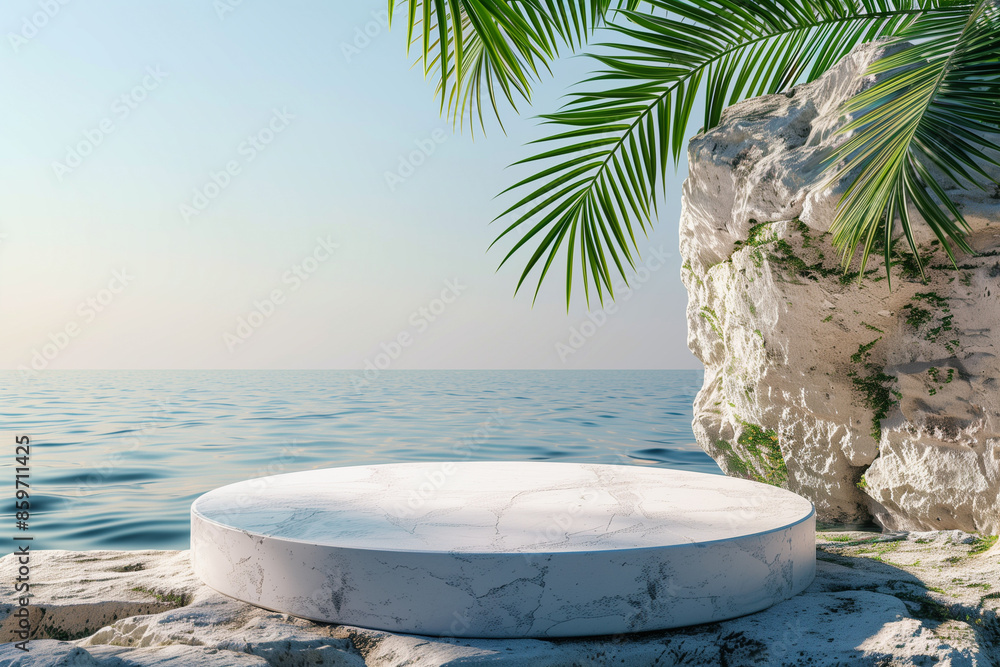 Summer podium beach background product 3D sea display platform. Ocean ...