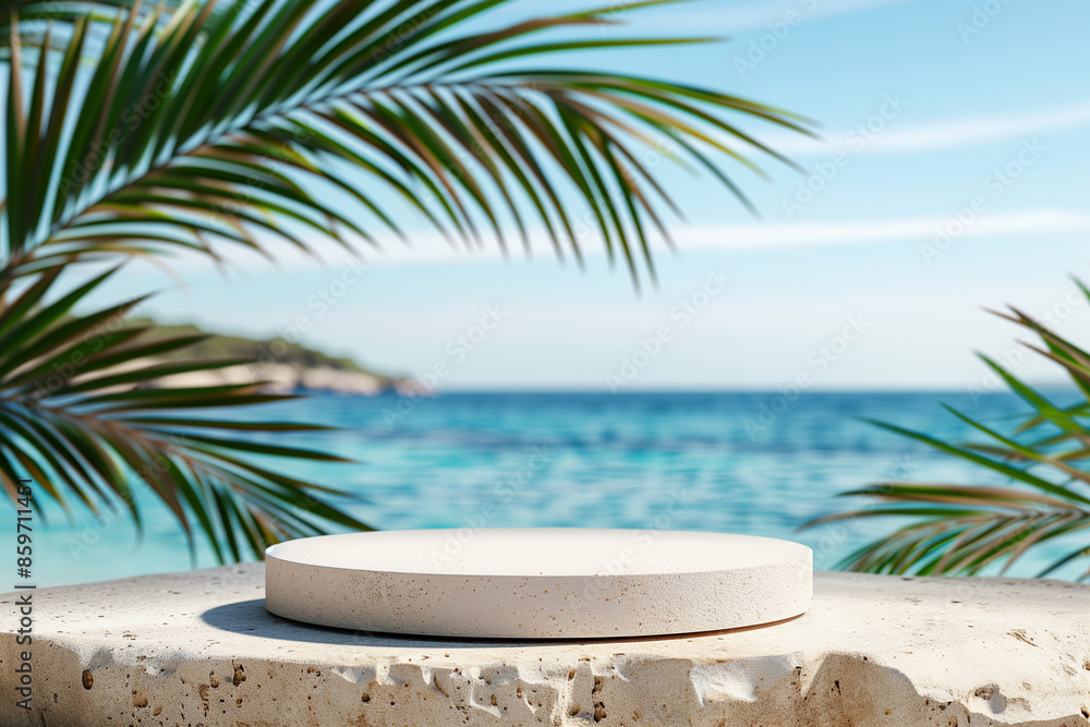 Summer podium beach background product 3D sea display platform. Ocean ...