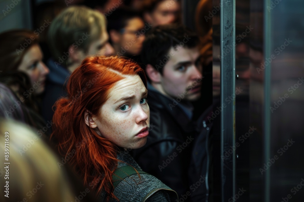 People in distress crowded into an elevator, showcasing urban life ...