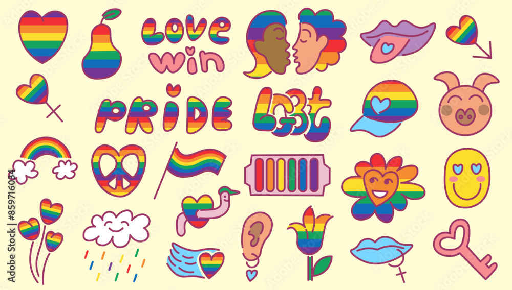 isolated doodle illustration set on the theme of lgbt and pride in ...
