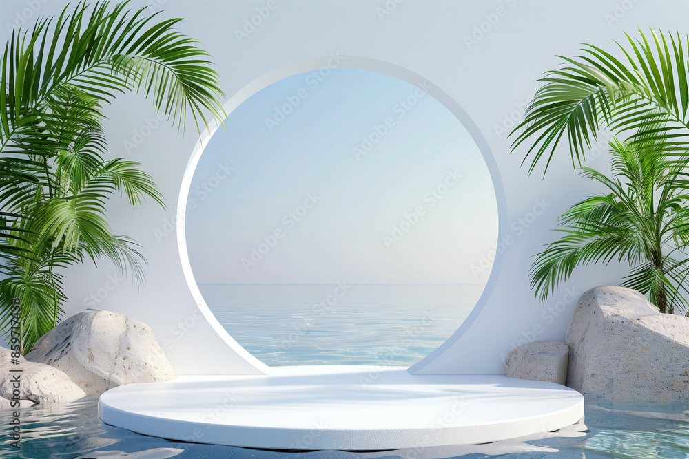 Tropical platform podium on ocean water and white marble. Palm trees ...