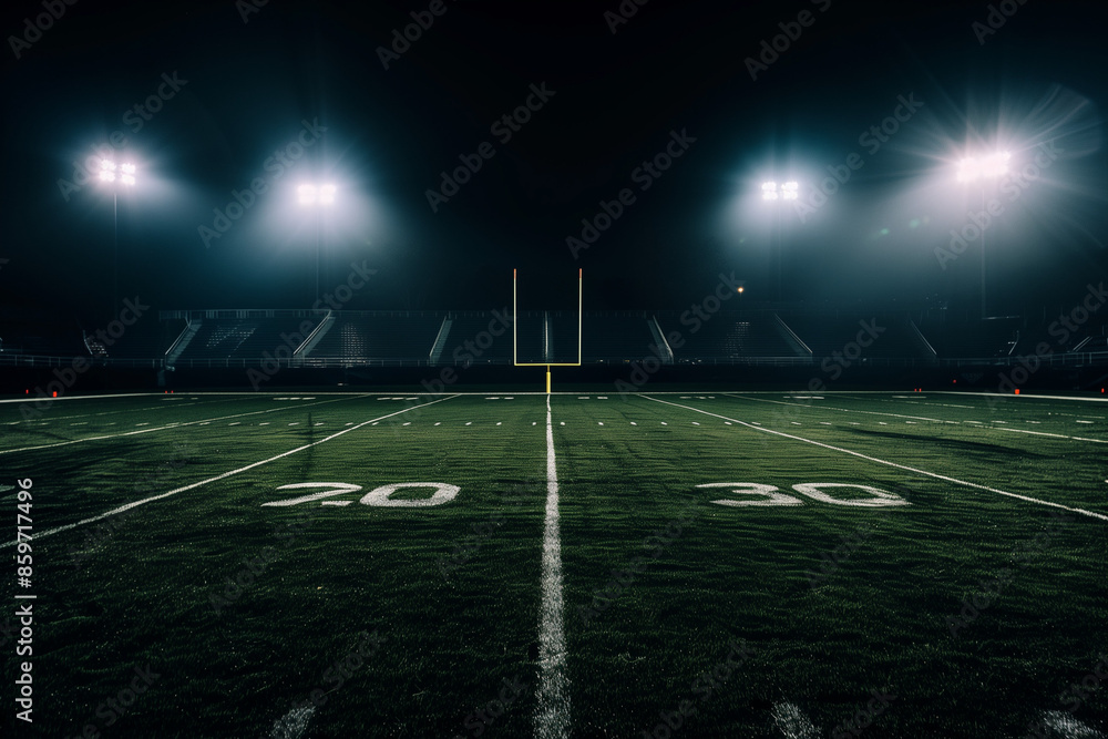 A dimly lit football field with bright stadium lights creating a ...