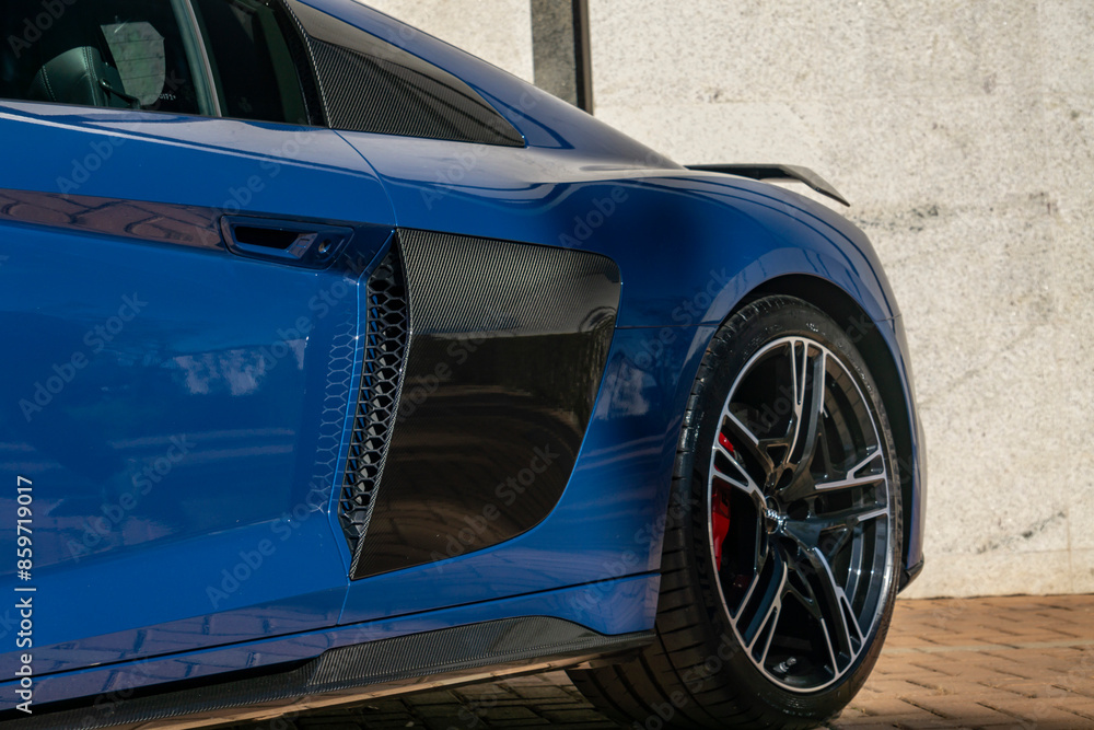 Blue Audi R8 rear end side view, Luxury sportscar external detail ...