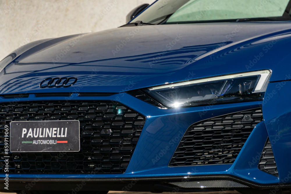 Blue Audi R8 front end closeup, luxury super car external shot - High ...
