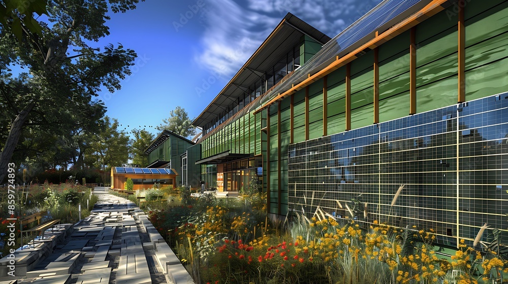 eco-friendly community center with walls of green fiber cement siding ...