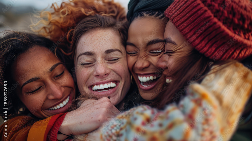 Four people are hugging and smiling with their eyes closed. They appear ...