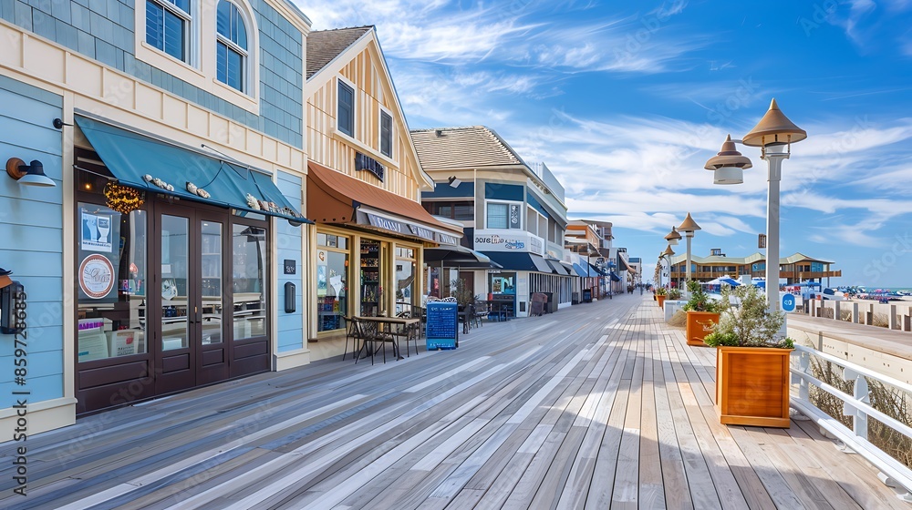 Foto de beachside boardwalk with shops and cafes each clad in weather ...