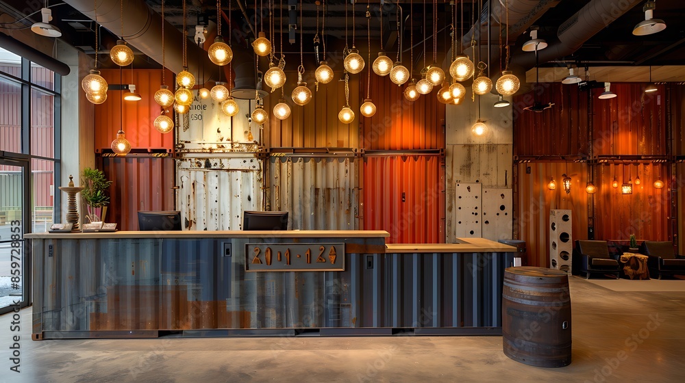 boutique hotel lobby with a reception desk made from upcycled shipping ...