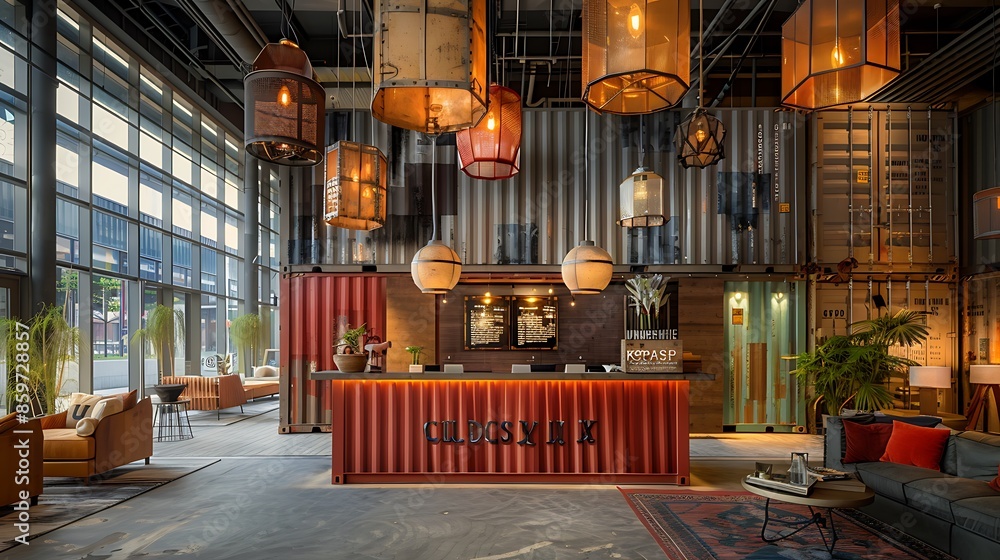 boutique hotel lobby with a reception desk made from upcycled shipping ...