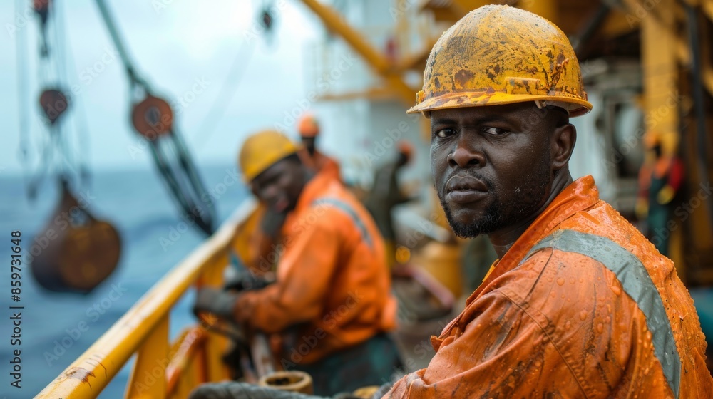 Two workers on an oil rig, dressed in safety gear and helmets, braving ...