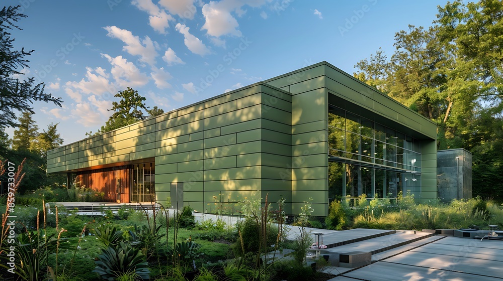 contemporary botanical garden visitor center clad in green fiber cement ...