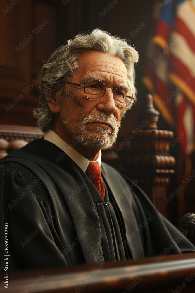Elderly Judge in Courtroom with American Flag in Background Depicting ...