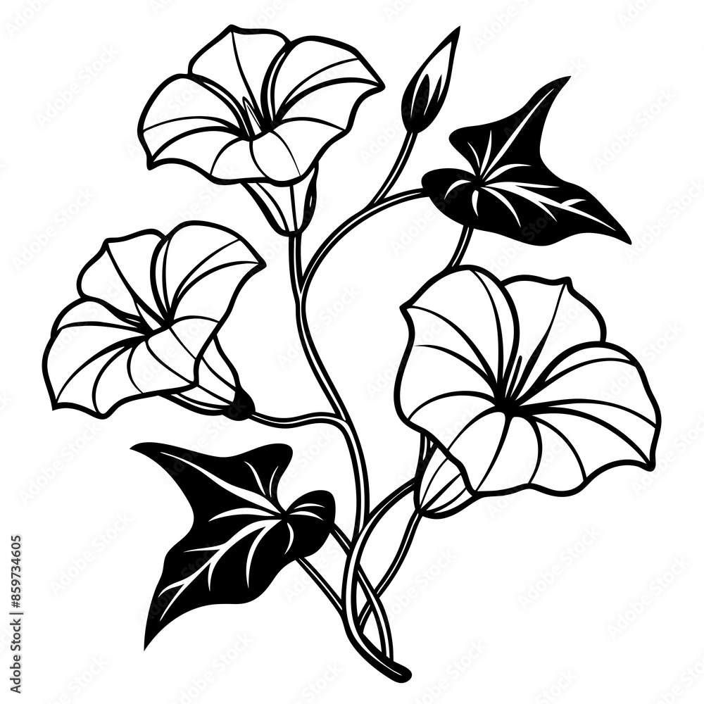 Morning glories, simple outline and shapes of A coloring page, coloring book page silhouette ...