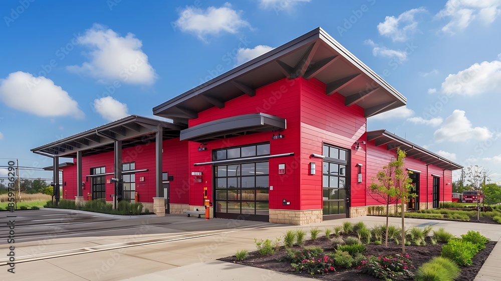 fire station designed with bright red fiber cement siding, featuring ...